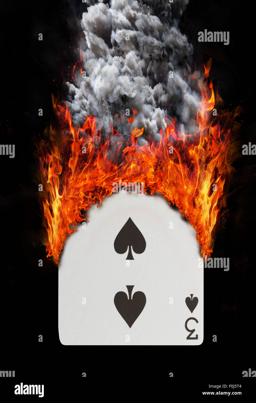 Playing card with fire and smoke, isolated on white - Three of spades ...