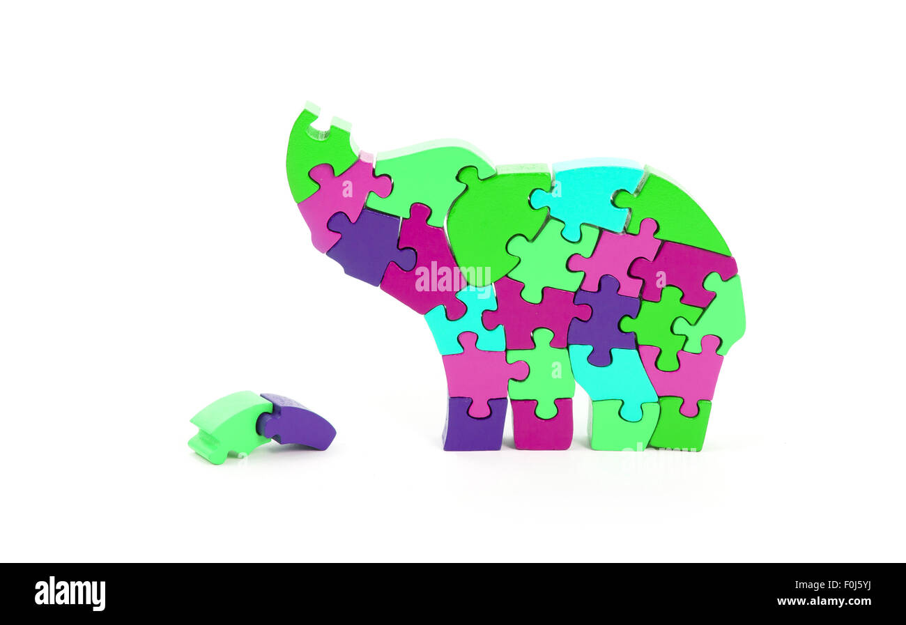 Colorful puzzle pieces in elephant shape - isolated over white Stock ...