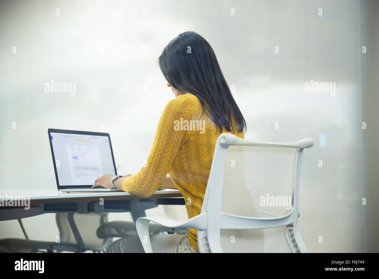 Back view portrait of a casual businesswoman working on laptop in ...