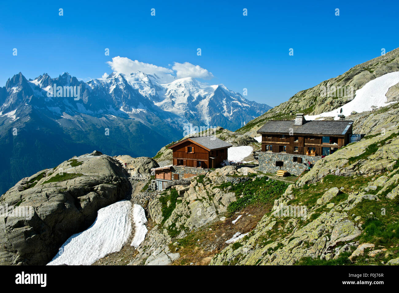 Mountain cabin Refuge du Lac Blanc, view towards Mont Blanc massif ...
