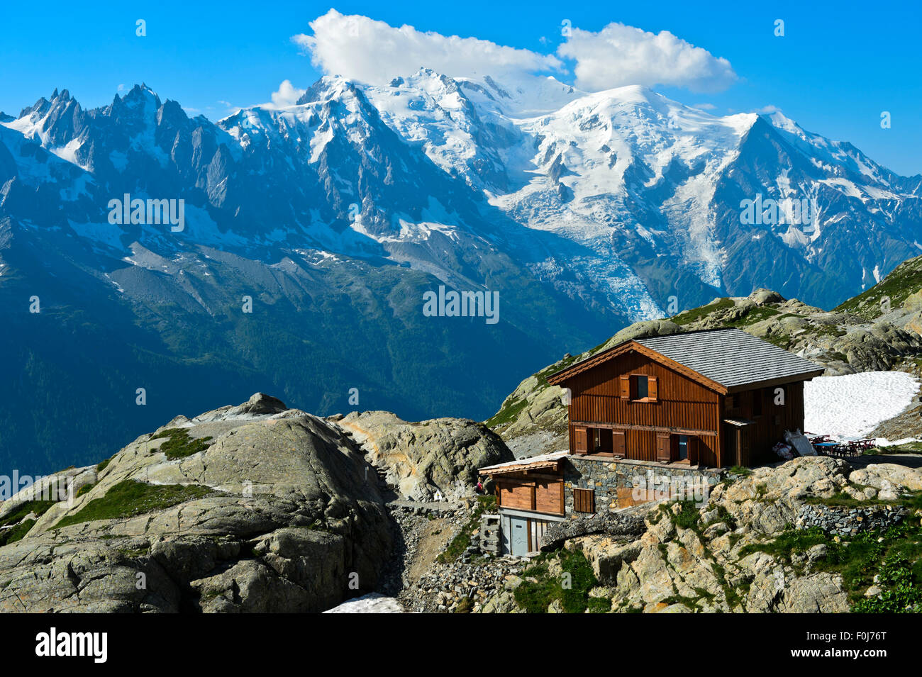 Mountain cabin Refuge du Lac Blanc, view towards Mont Blanc massif ...