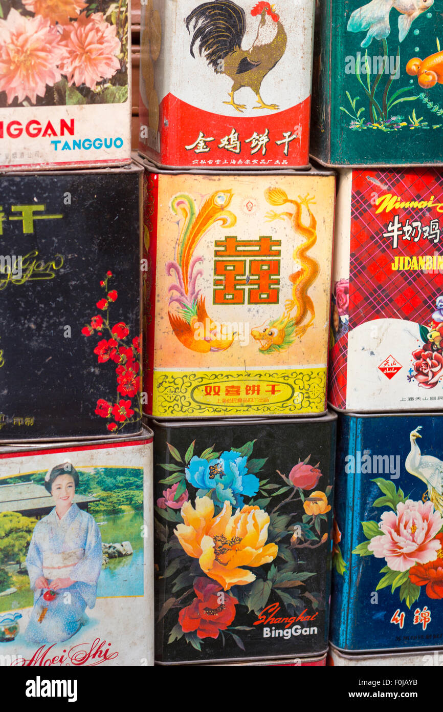 Small colored boxes aligned in a market in shanghai Stock Photo - Alamy