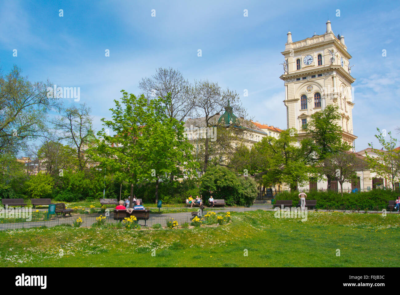 Bezrucovy sady, in Spring, with water tower, Vinohrady, Prague, Czech ...