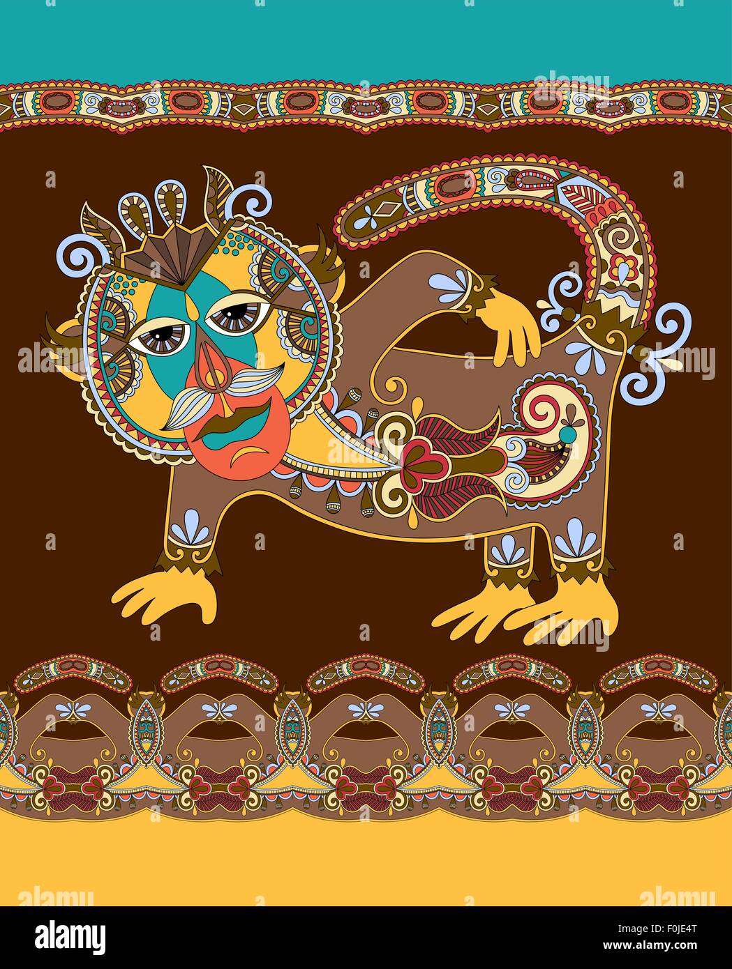 folk ethnic animal - monkey with seamless stripe pattern Stock Vector ...