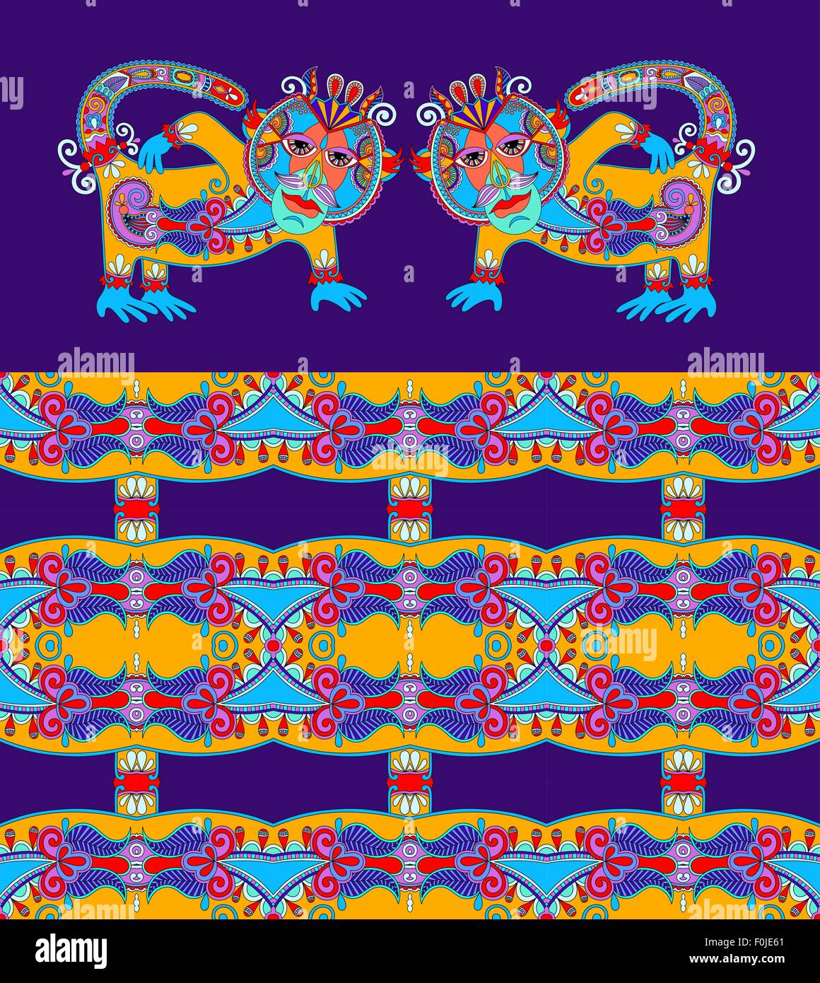folk ethnic animal - monkey with seamless geometry vintage patte Stock ...