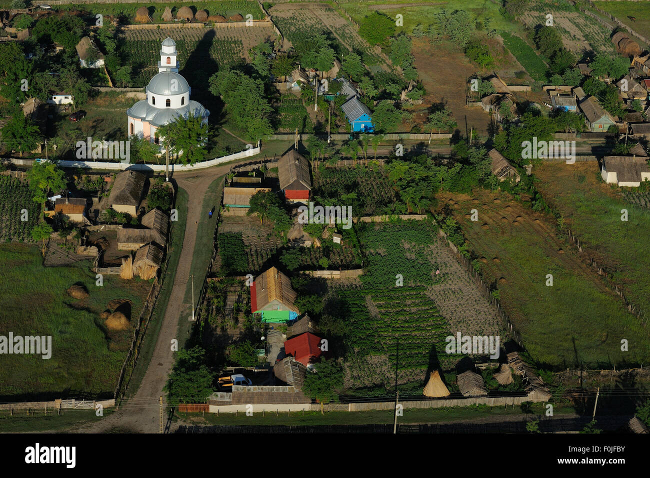 Aerial view of Letea village, within the Danube delta rewilding area ...