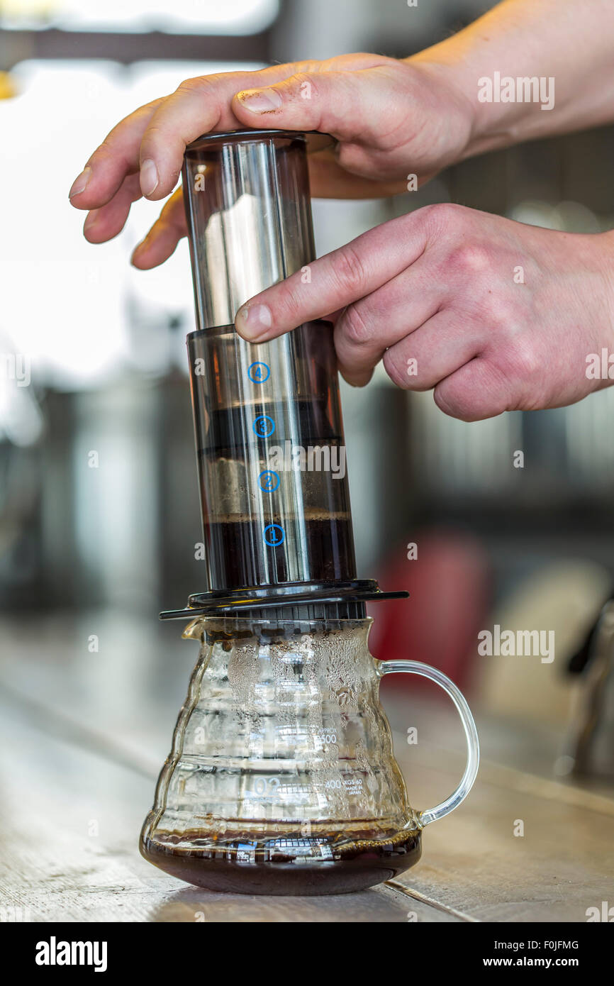 Filter coffee making, aero press system Stock Photo - Alamy