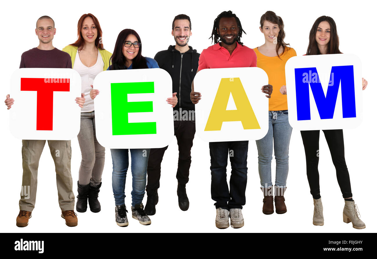 Smiling group of young multi ethnic people forming team isolated on ...