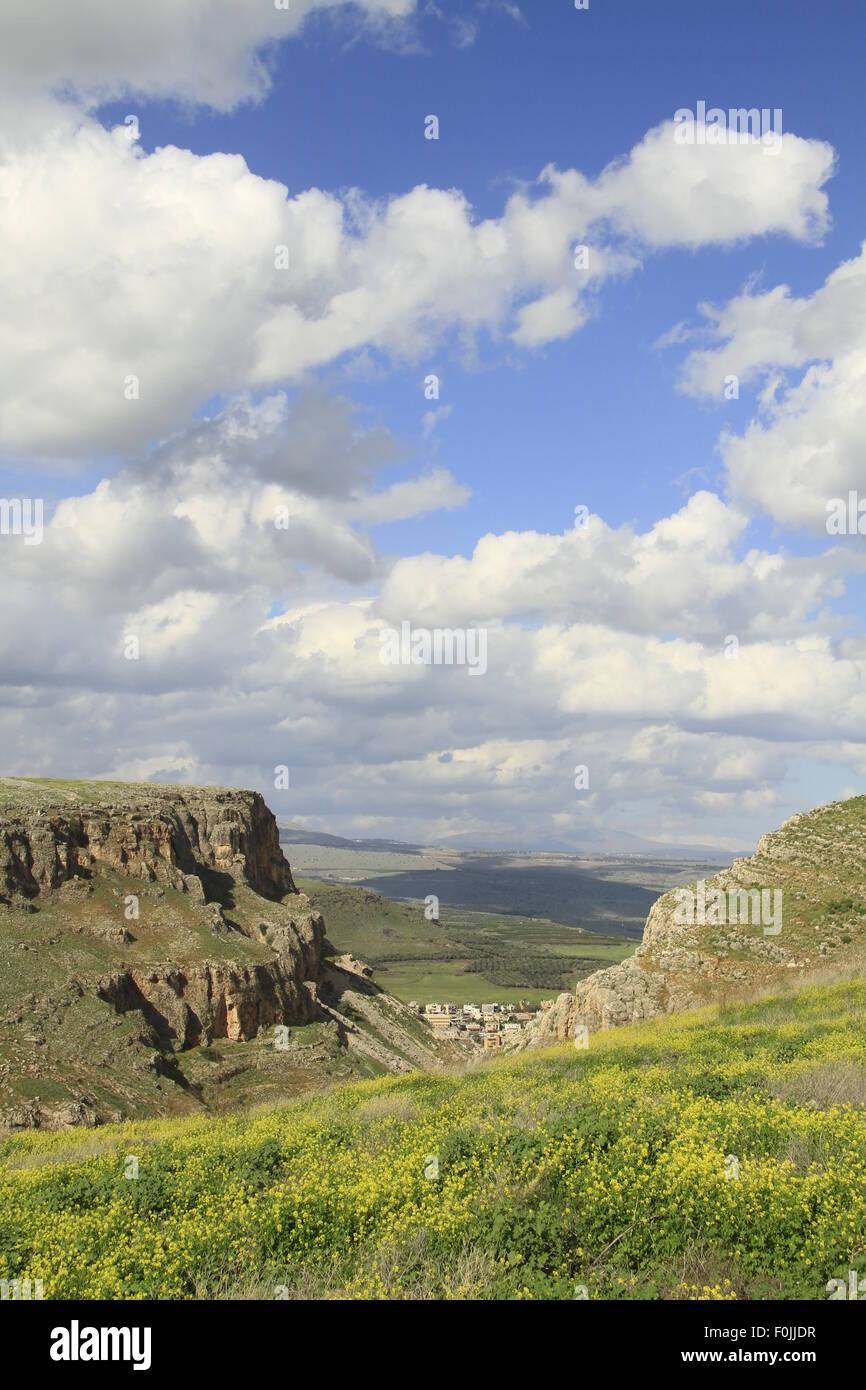 Israel, Galilee, Arbel Cliff on the right and Mount Nitai overlooking ...
