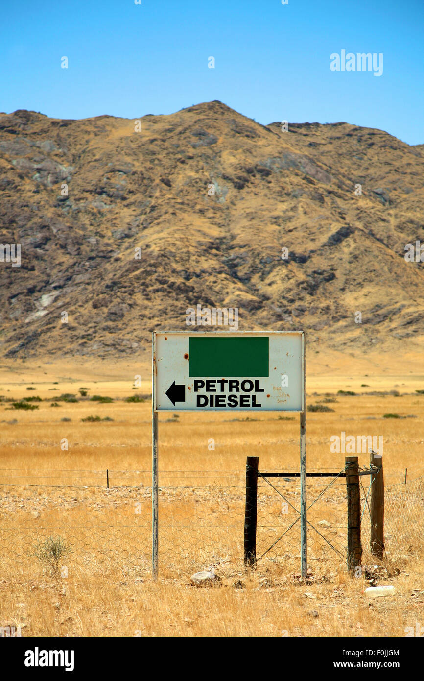 Sign board indicating a petrol station in the Nmib desert of Nambia ...