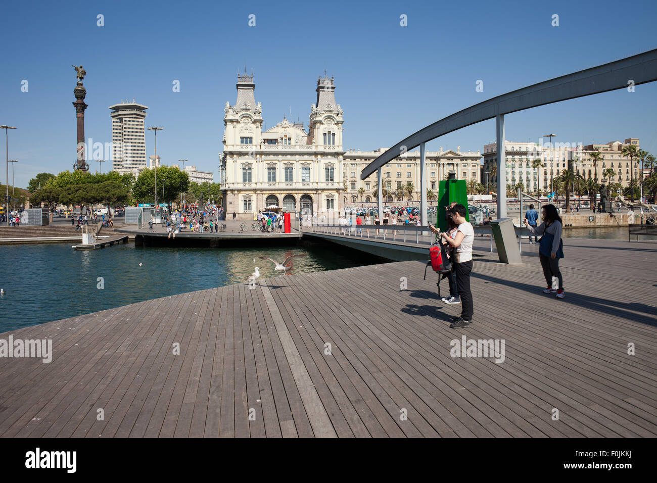 City of Barcelona skyline from Rambla de Mar boardwalk promenade at ...