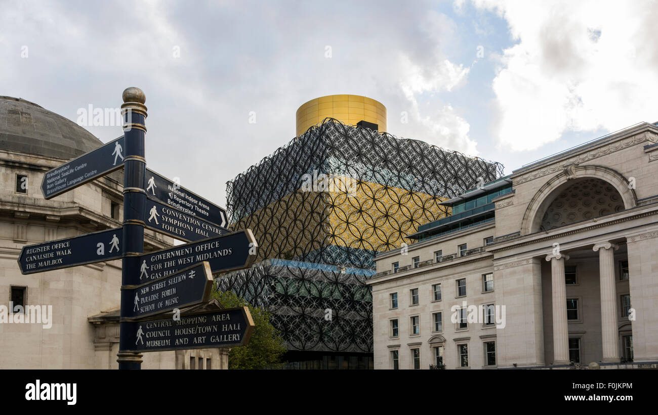 Multiple landmark buildings and a street sign in Birmingham's Centenary ...