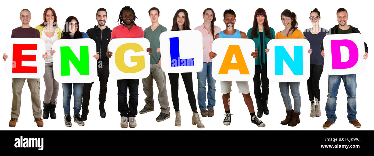 Smiling group of young multi ethnic people holding word England ...