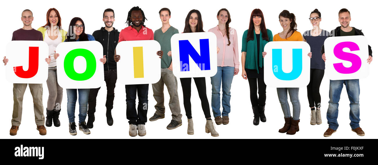 Smiling group of young multi ethnic people holding word join us ...