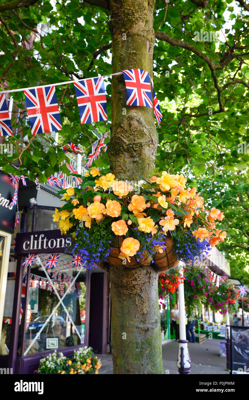 Flowers and Union Jack bunting decorate a street in Lytham, Lancashire ...