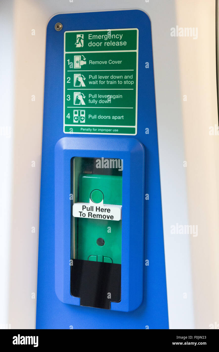 Emergency door release sign on a London Midland train Stock Photo - Alamy