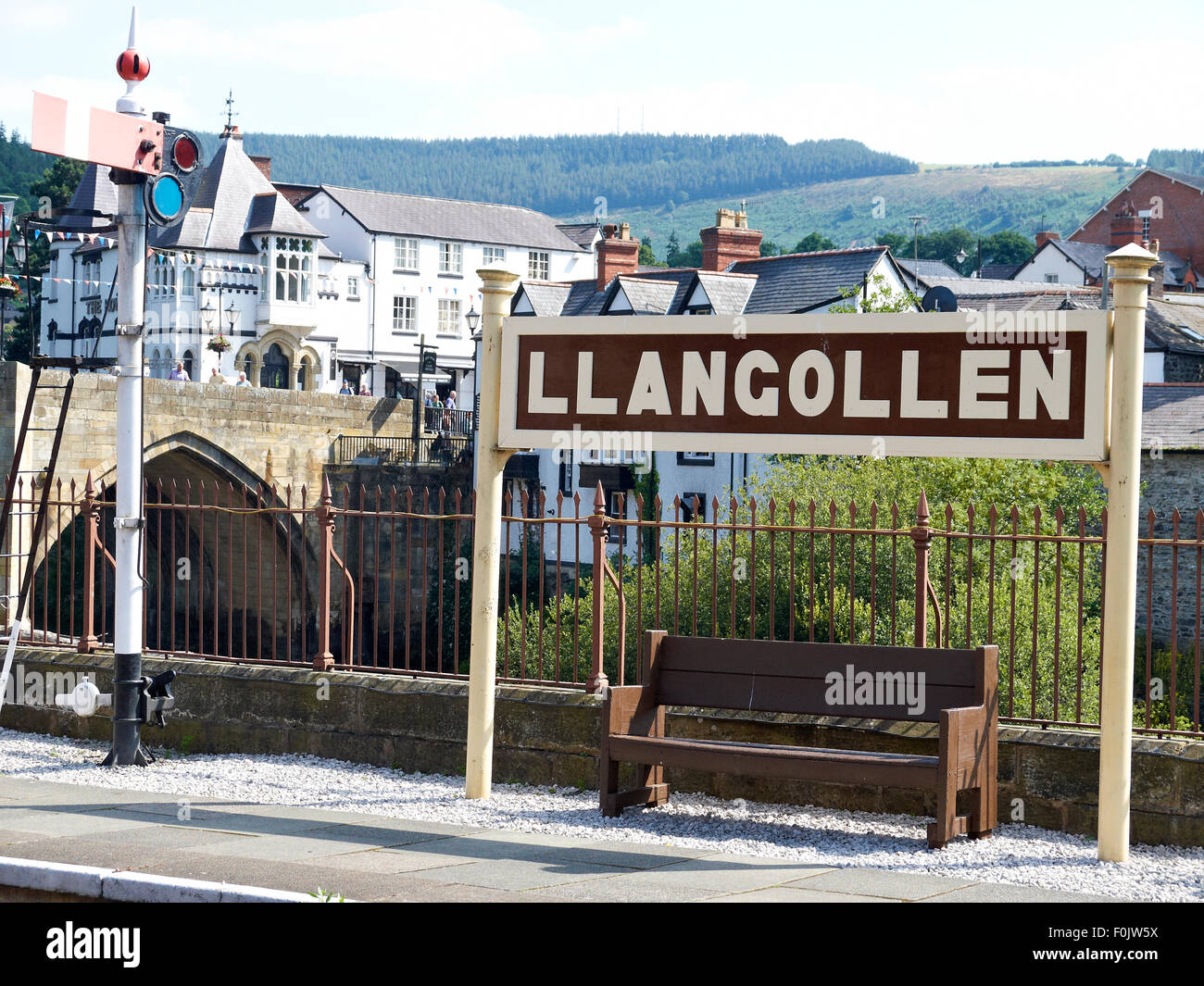 Llangollen railway station sign with view towards the town centre ...