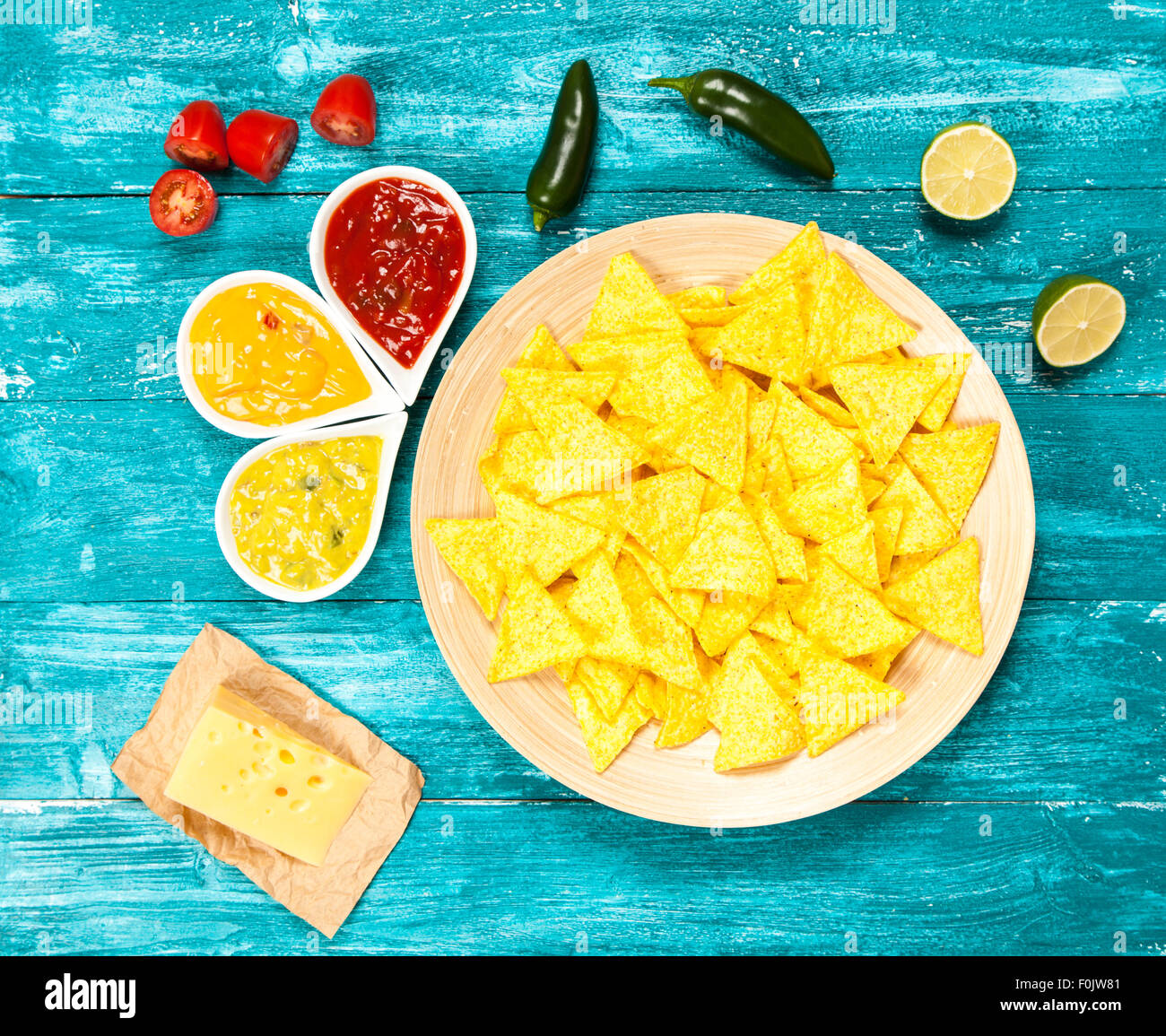 Plate of nachos with different dips Stock Photo - Alamy
