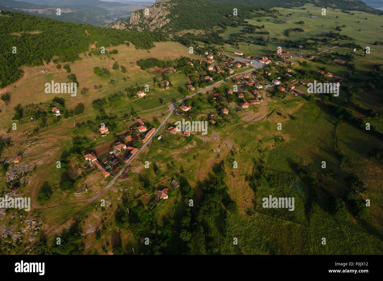Aerial view over the Arda river canyon, Dolni Glavanak village ...