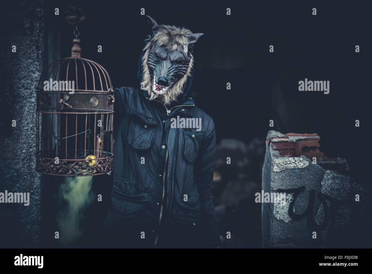Scary, man with mask wolf and lamp with colored smoke Stock Photo - Alamy