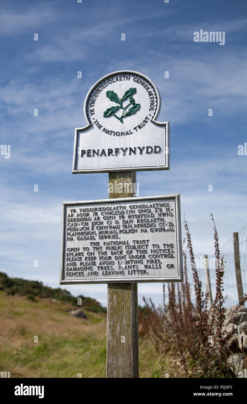 National Trust signage at Penarfynydd, Rhiw, Aberdaron, Pen Llyn on a ...