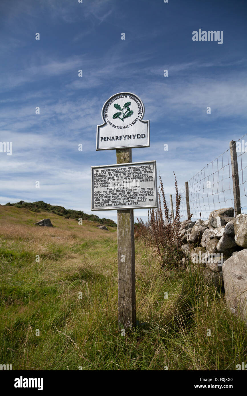 National Trust signage at Penarfynydd, Rhiw, Aberdaron, Pen Llyn on a ...