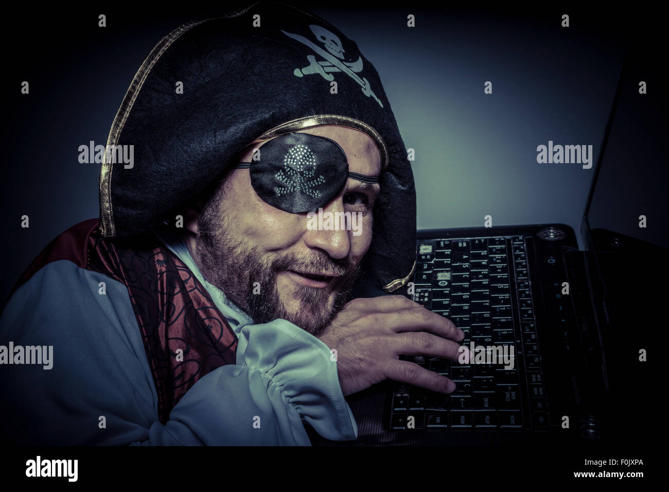 Privacy, computer security, hacker pirate dress with hat and skull ...