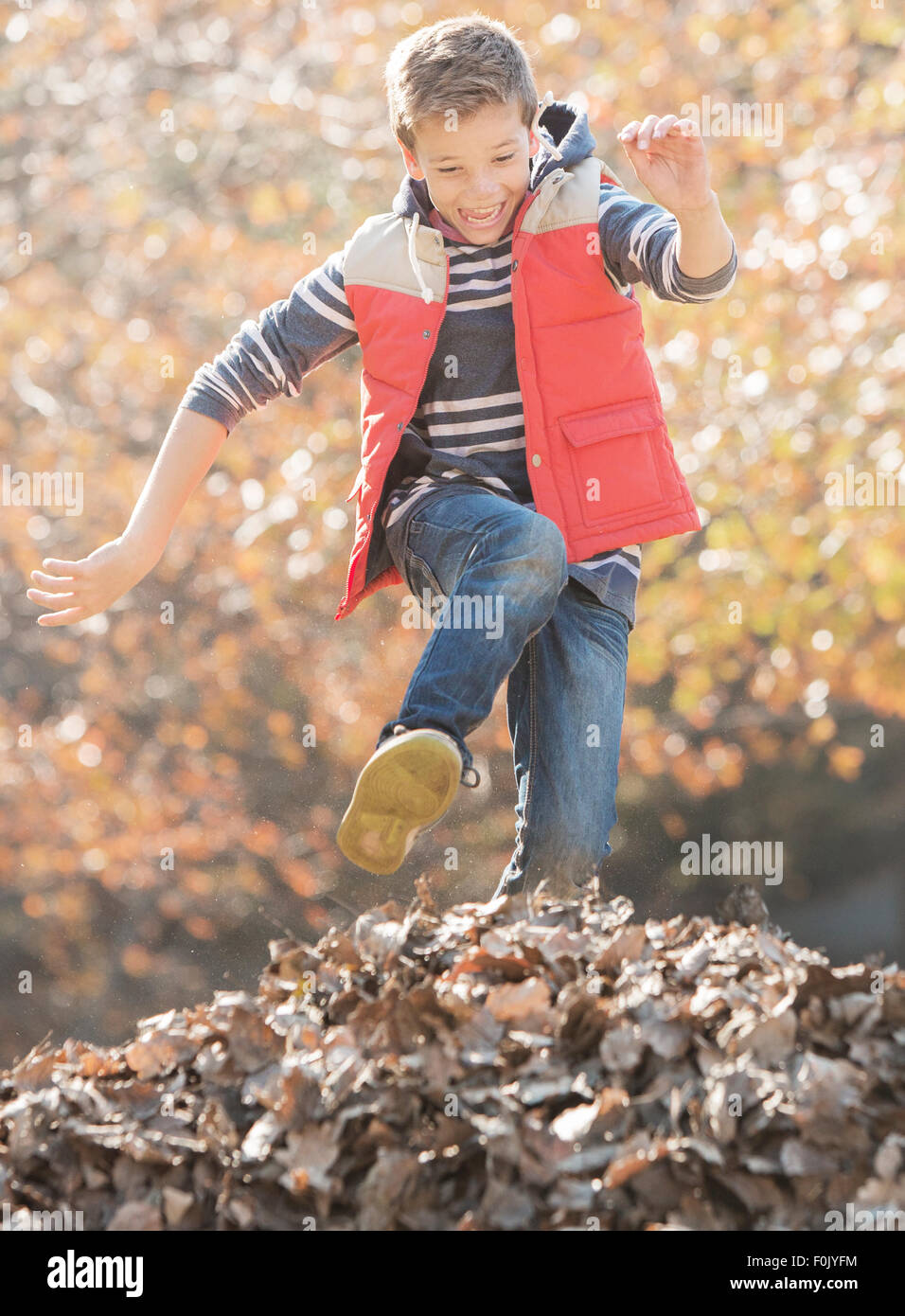 Enthusiastic boy jumping over pile of autumn leaves Stock Photo - Alamy