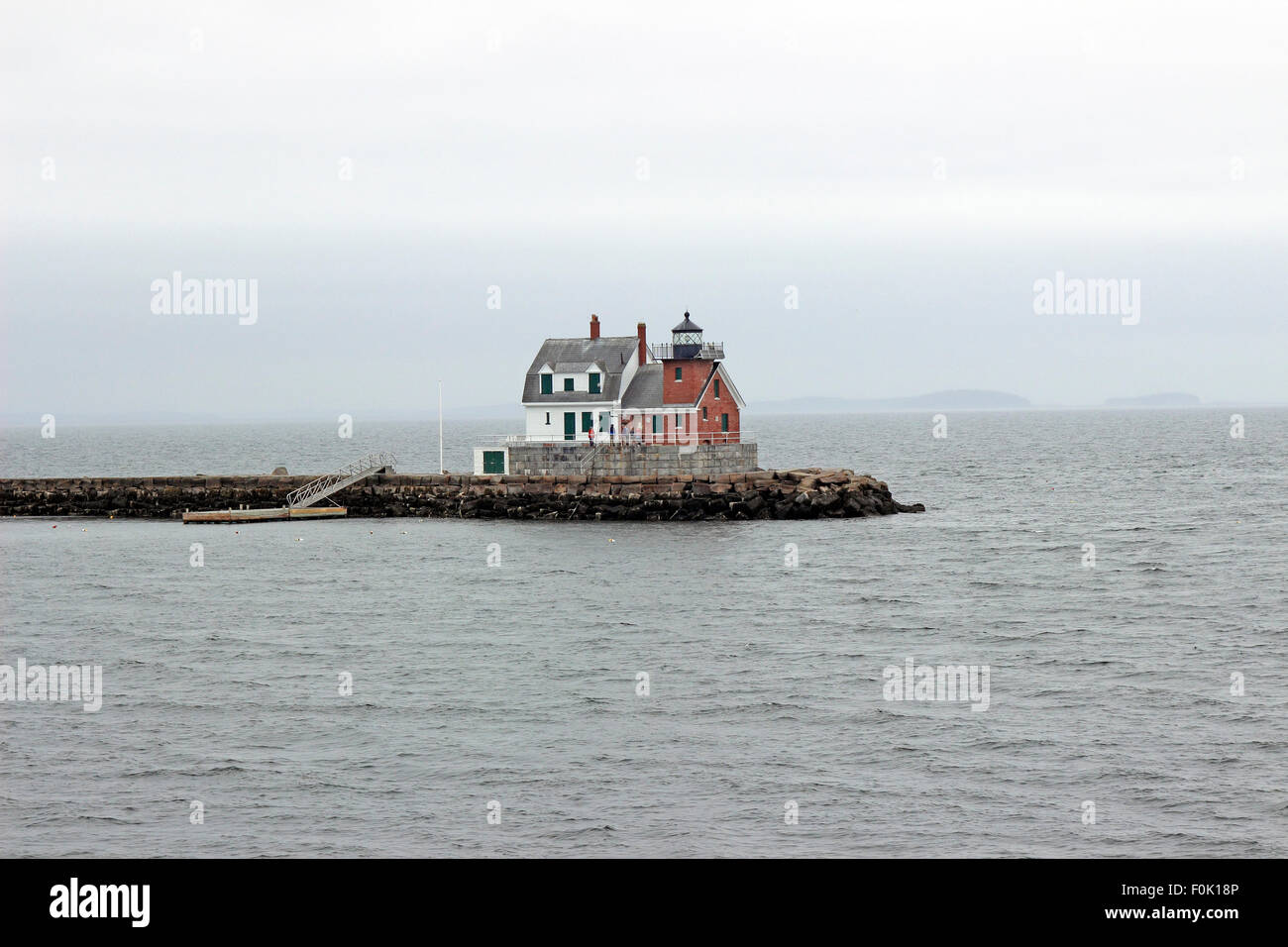 Rockland Breakwater Lighthouse in fog on breakwater Rockland Harbor ...
