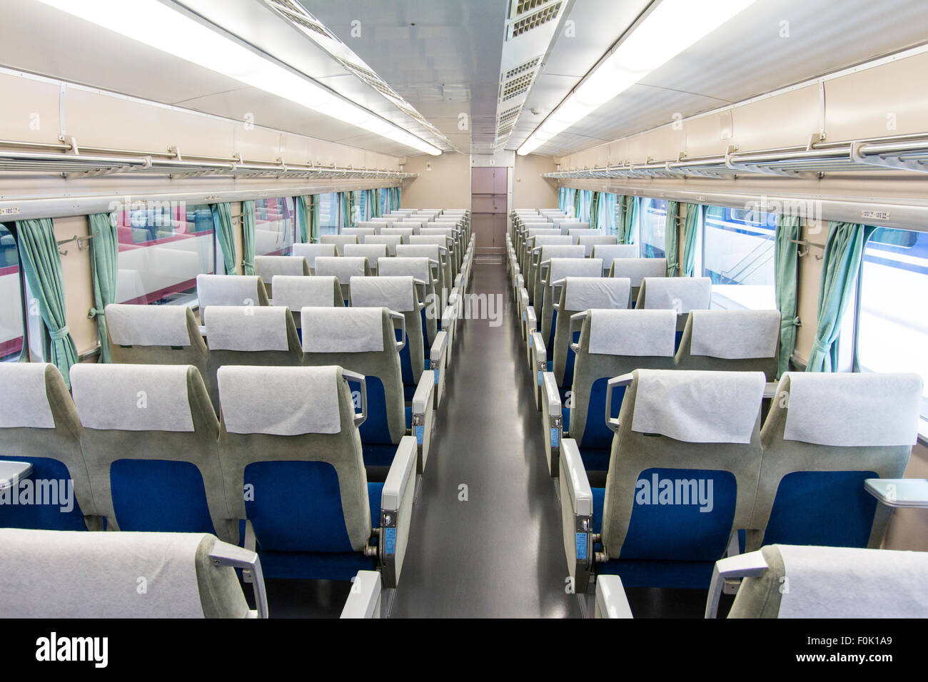 Shinkansen museum at Railway Park, Nagoya, Japan. Interior view along a series 0 type bullet ...