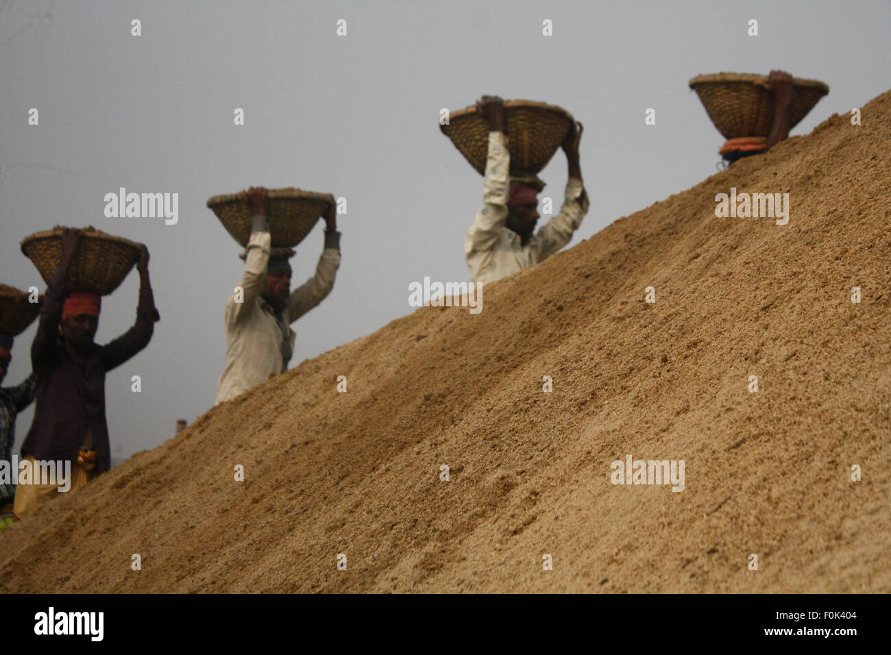 Male and female laborers carry heavy loads of sand balanced on their ...