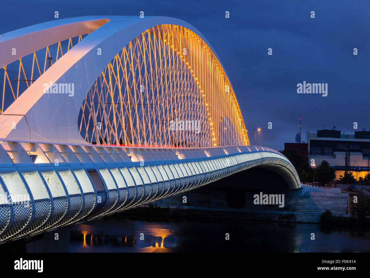 Night view of the Troja Bridge from the river Vltava, Trojsky most ...