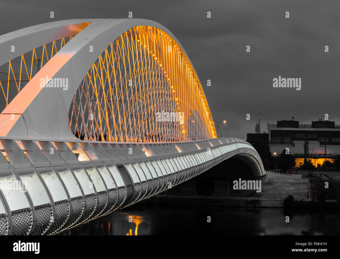 Night view of the Troja Bridge from the river Vltava, Trojsky most ...