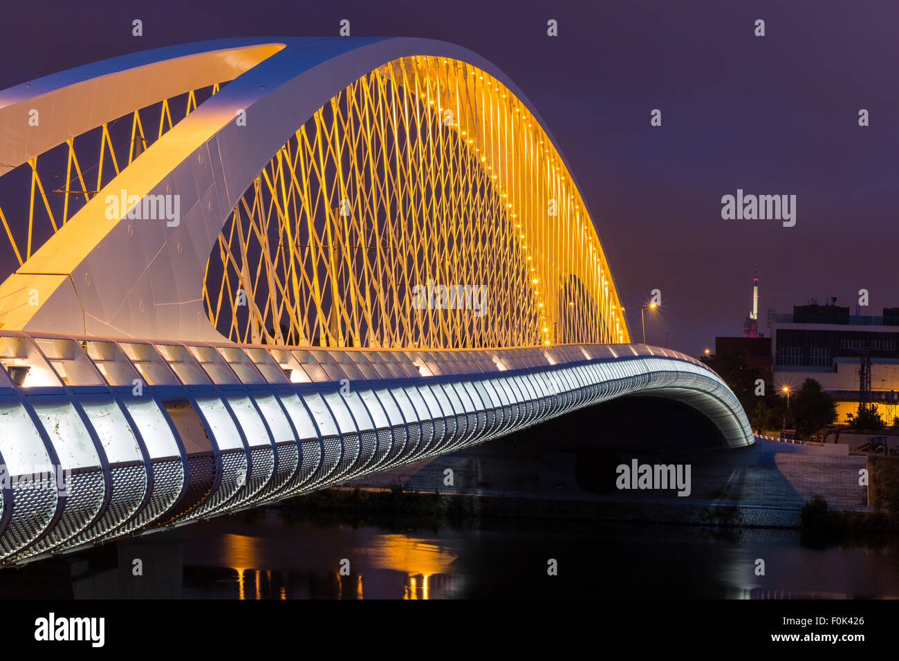 Night view of the Troja Bridge from the river Vltava, Trojsky most ...