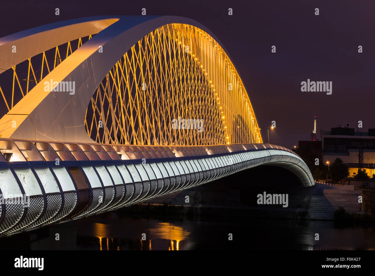Night view of the Troja Bridge from the river Vltava, Trojsky most ...