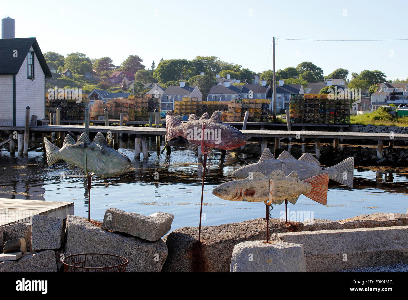 Cod fish weathervanes on waterfront Vinalhaven Island Maine New England ...