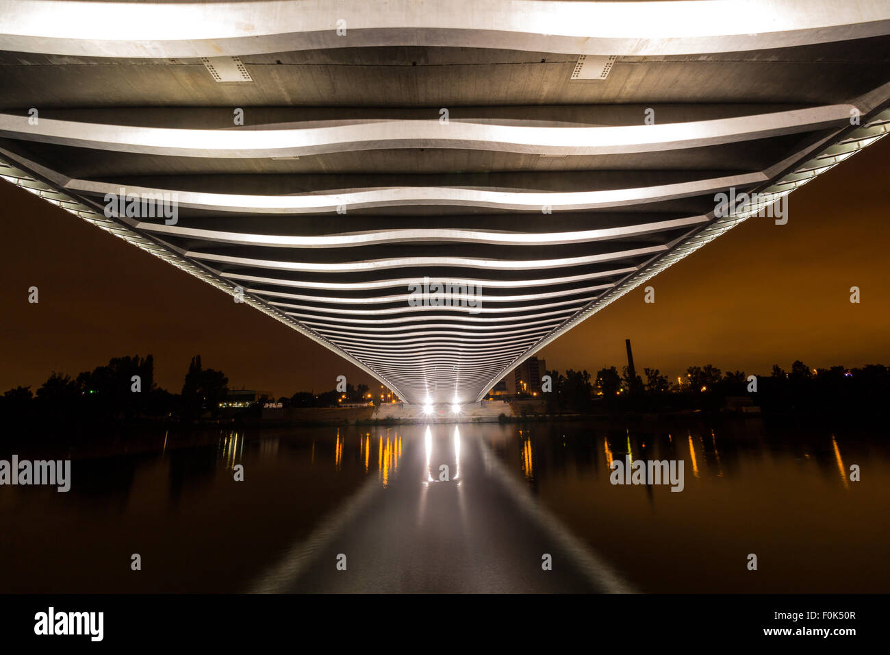 Night view of the Troja Bridge from the river Vltava, Trojsky most ...
