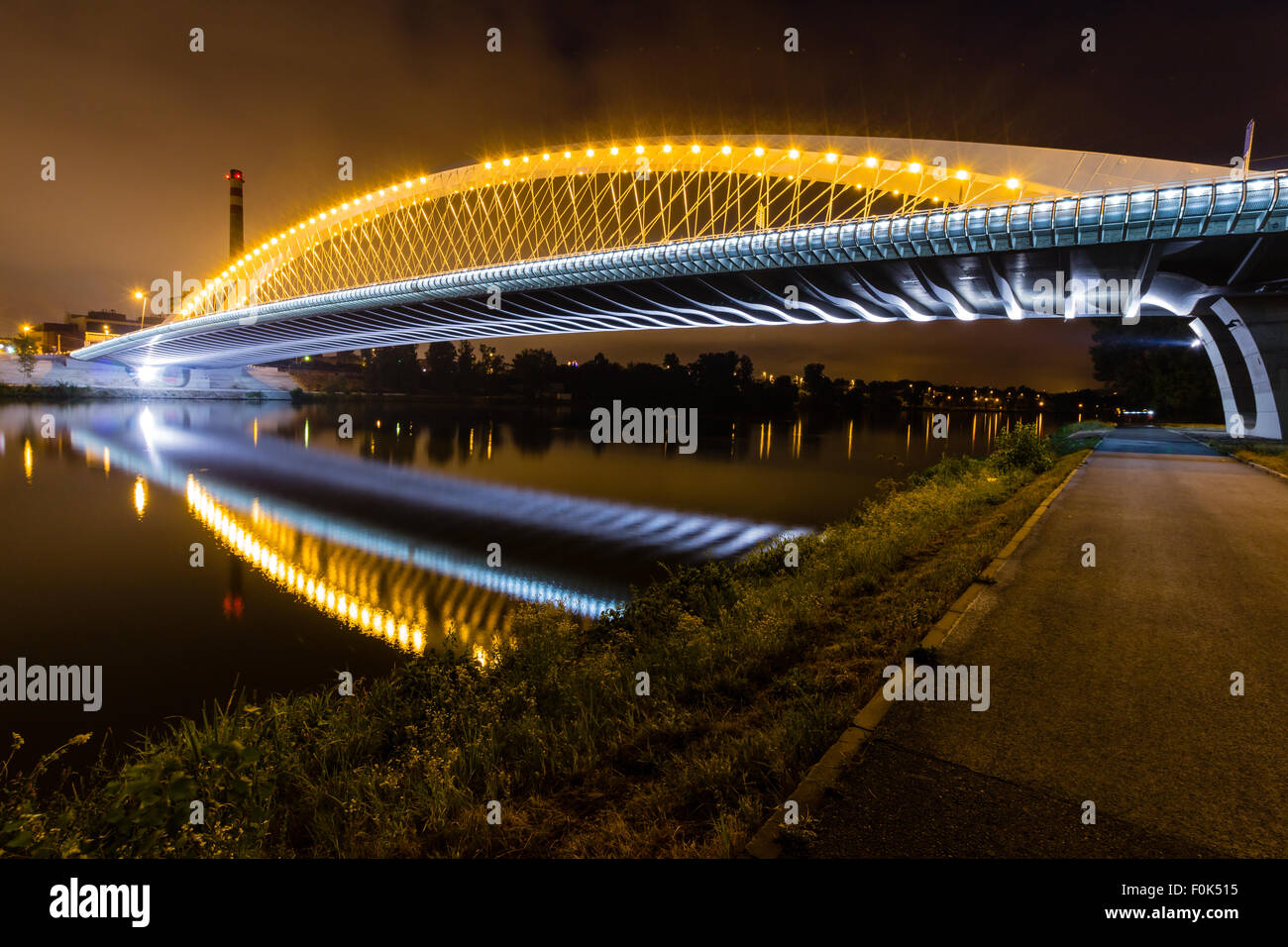 Night view of the Troja Bridge from the river Vltava, Trojsky most ...