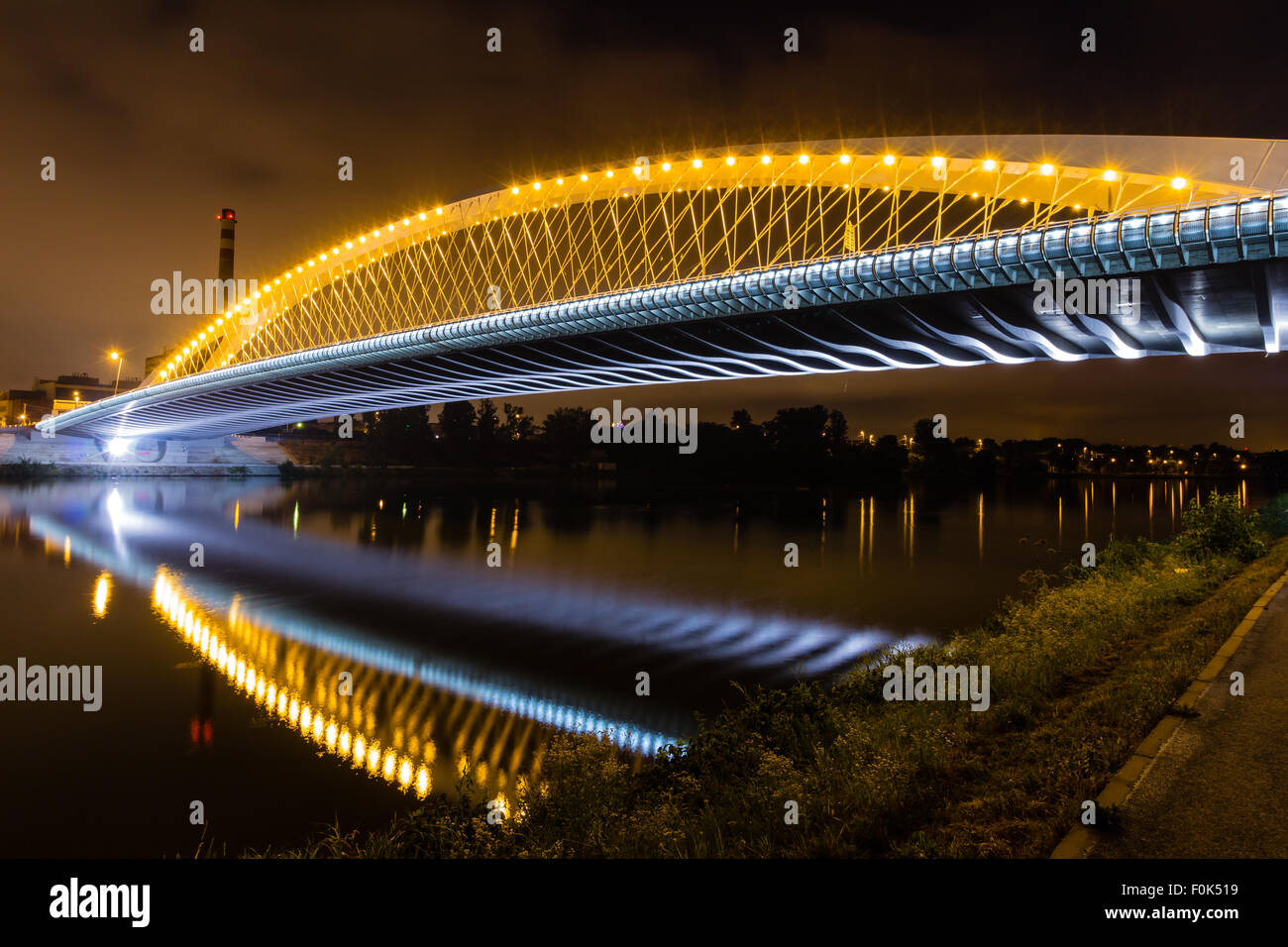 Night view of the Troja Bridge from the river Vltava, Trojsky most ...