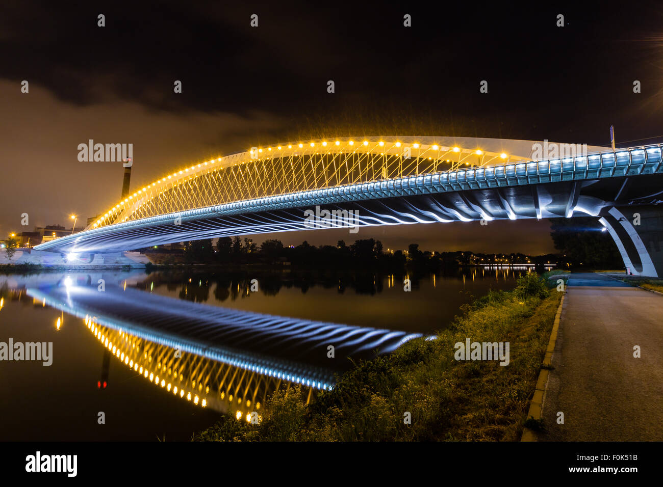Night view of the Troja Bridge from the river Vltava, Trojsky most ...