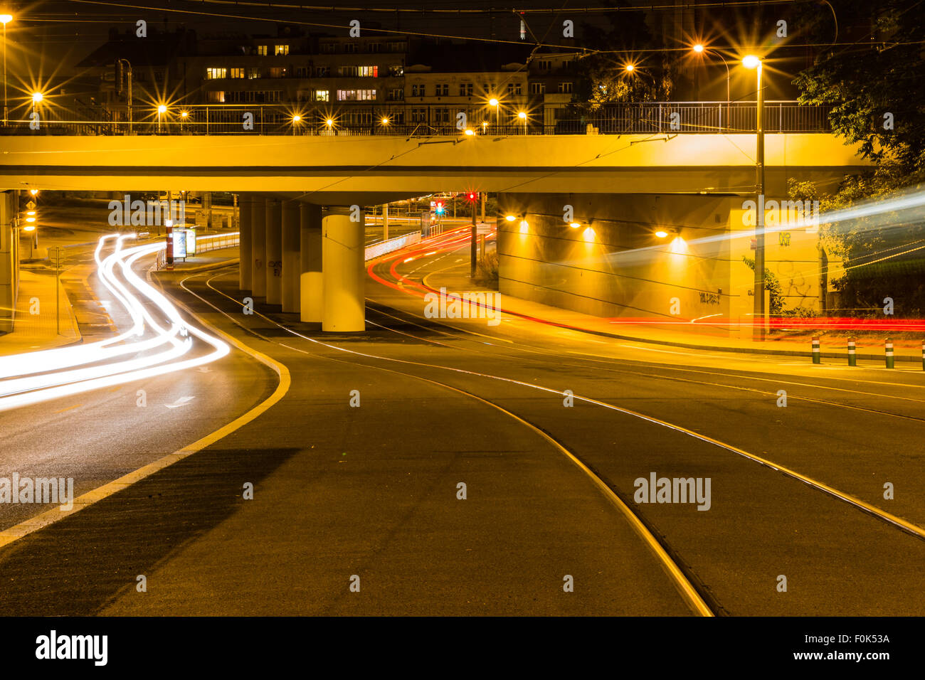 Night view of the Troja Bridge from the river Vltava, Trojsky most ...