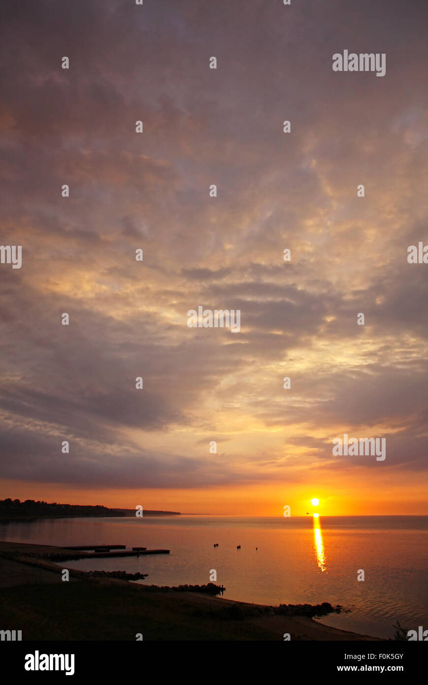 Sunrise over Kattegat strait in Fredericia city, Denmark. Kattegat is a ...