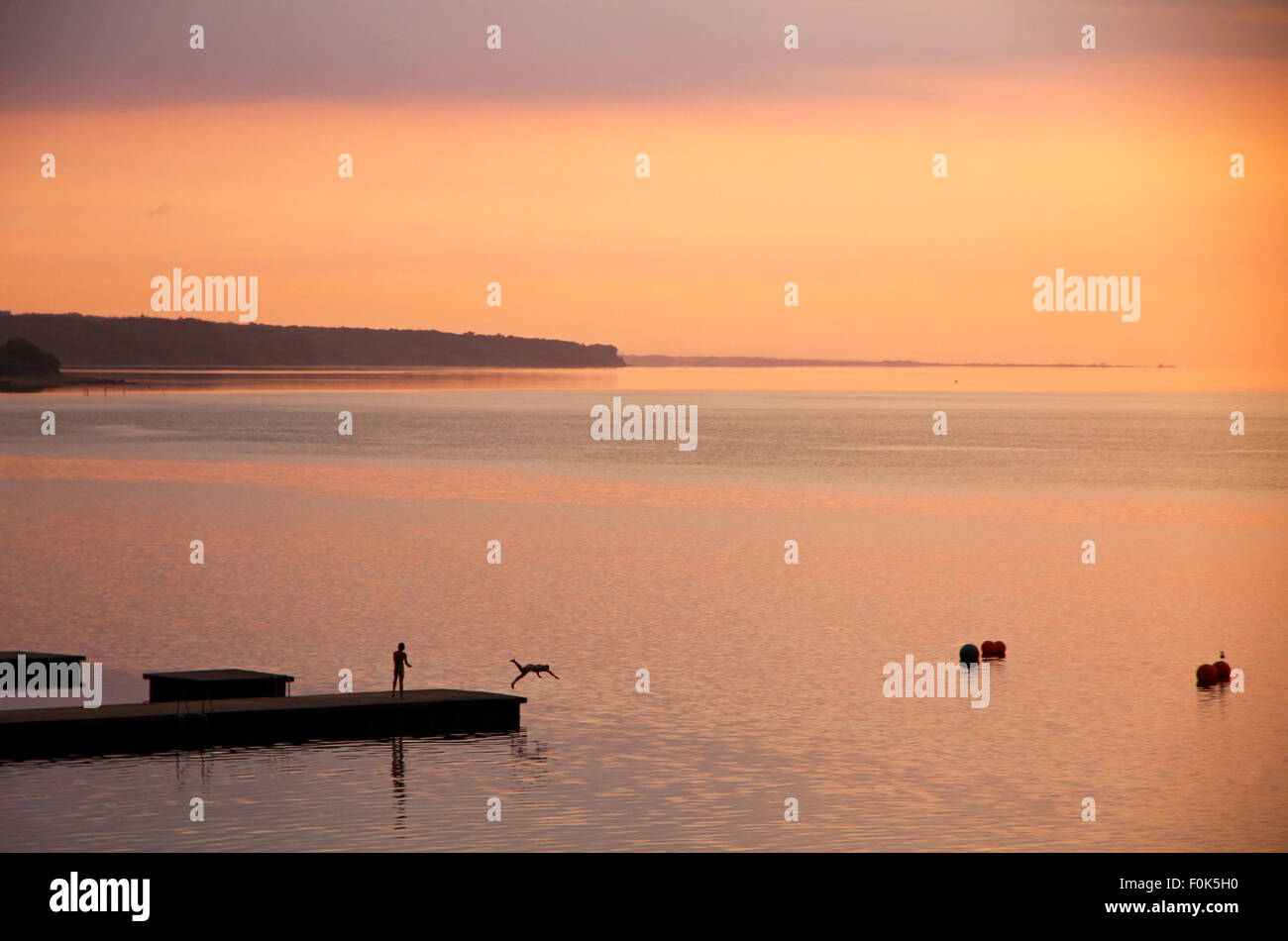 Sunrise over Kattegat strait in Fredericia city, Denmark. Kattegat is a ...