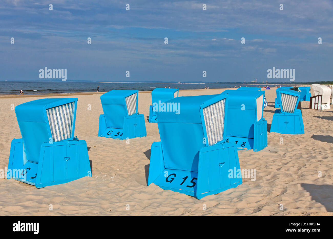 Hooded beach chairs (strandkorb) at the Baltic seacoast in Swinoujscie ...