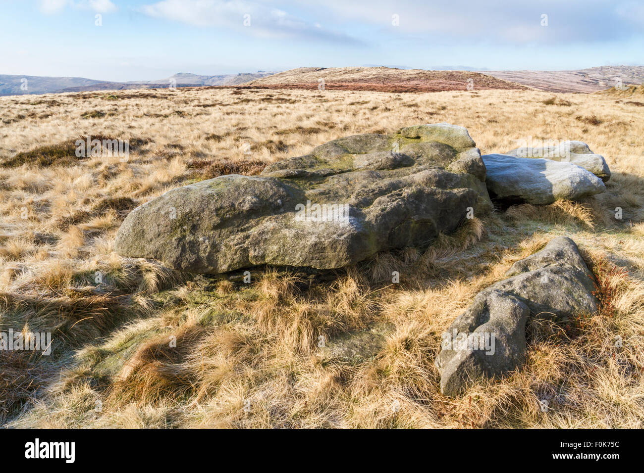 Dark Peak moors on a bright winter day. Gritstone rocks on moorland ...