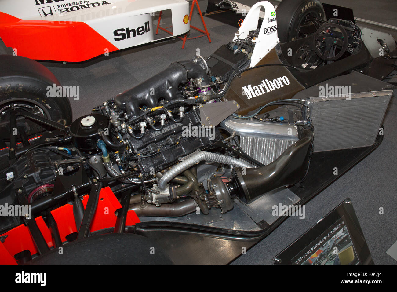 The McLaren MP4-4 bare chassis and Honda RA168E engine, on display at ...