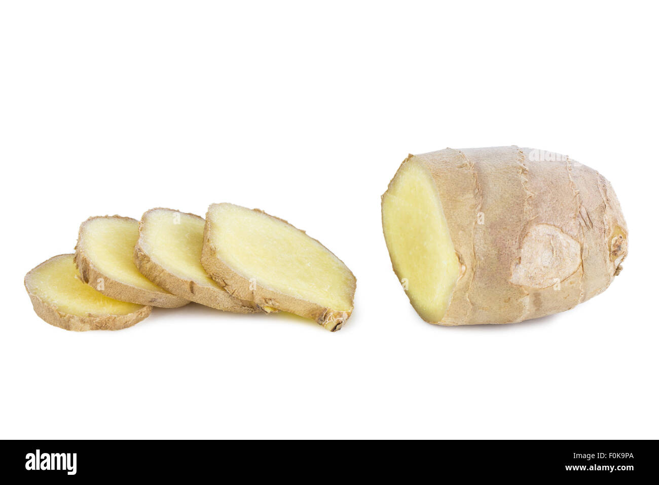 Close-up of piece and slices of fresh ginger root, isolated on white ... Close-up of piece and slices of fresh ginger root, isolated on white ...