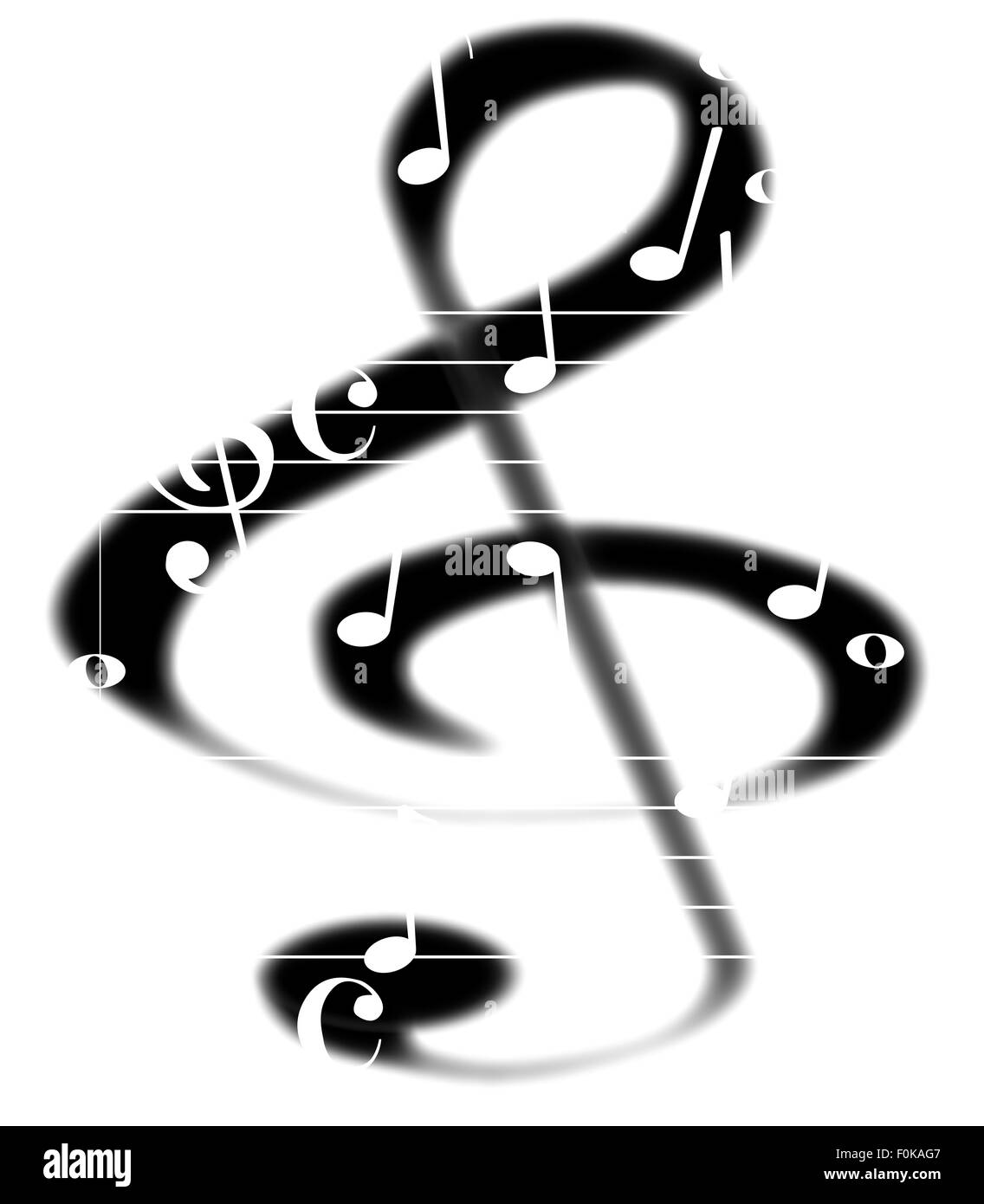 Random notes and a large treble clef over a white background Stock ...