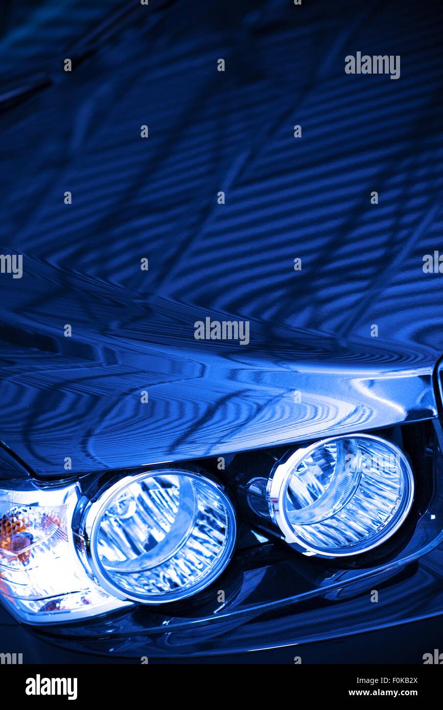 Blue Car Concept Photo. Blue Body Compact Car Hood and Headlight ...