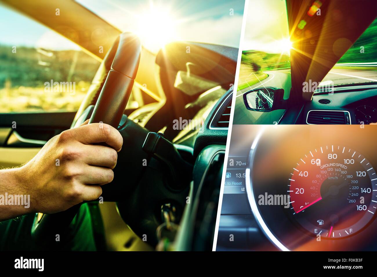 Car and Driver Concept Collage. Sunny Road Car Trip. Modern ...
